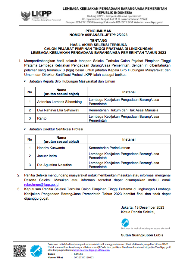 LKPP | Pengumuman Tentang Hasil Akhir Seleksi Terbuka Calon Pejabat ... LKPP | Pengumuman Tentang Hasil Akhir Seleksi Terbuka Calon Pejabat ...